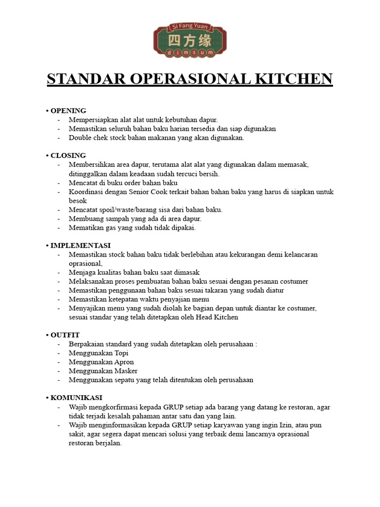 SOP Dapur: Standar Operasional Kitchen | PDF | Memasak, Makanan, & Anggur