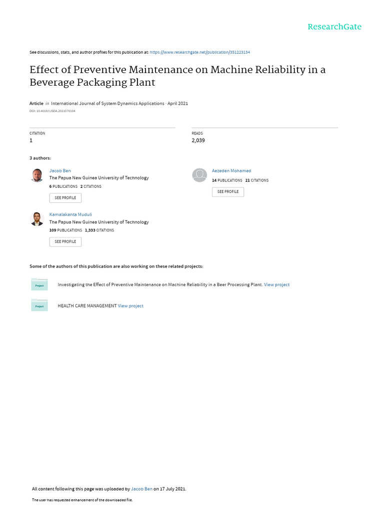 Effect of Preventive Maintenance On Machine Reliability in A Beverage ...