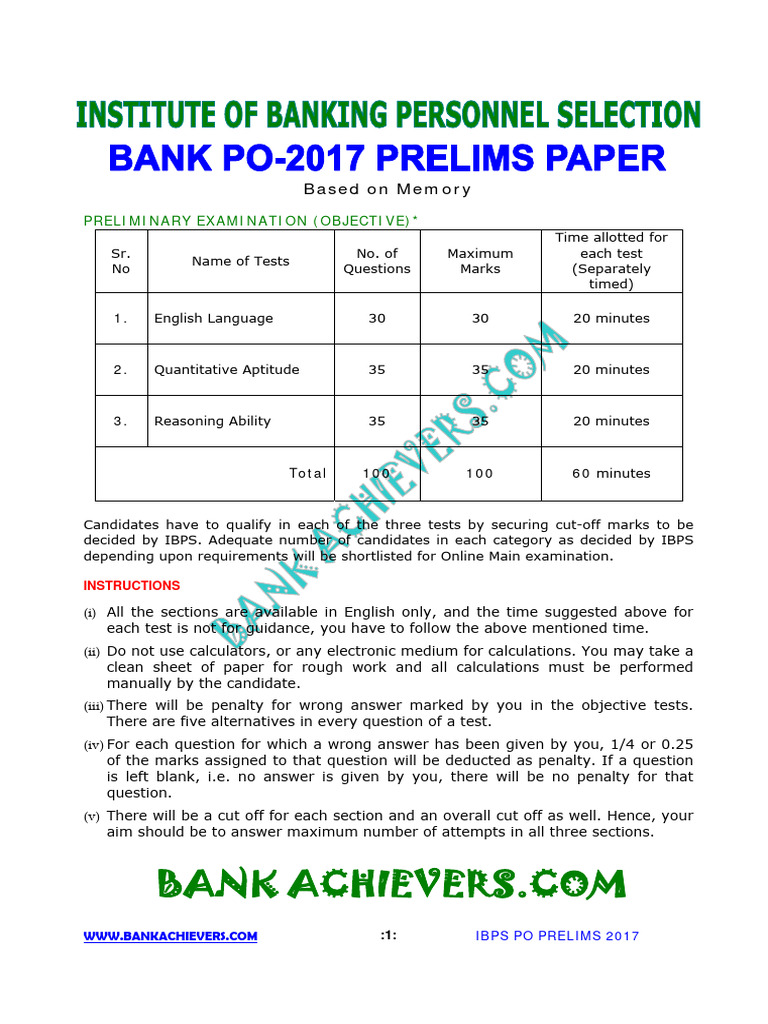 Ibps Bank Po-2017 Prelims Paper | PDF | Recession | Economic Bubble