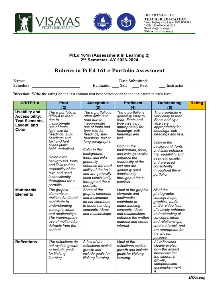 Rubric EPortfolio (PrEd 161n) REVISED | PDF | Multimedia | Rubric (Academic)