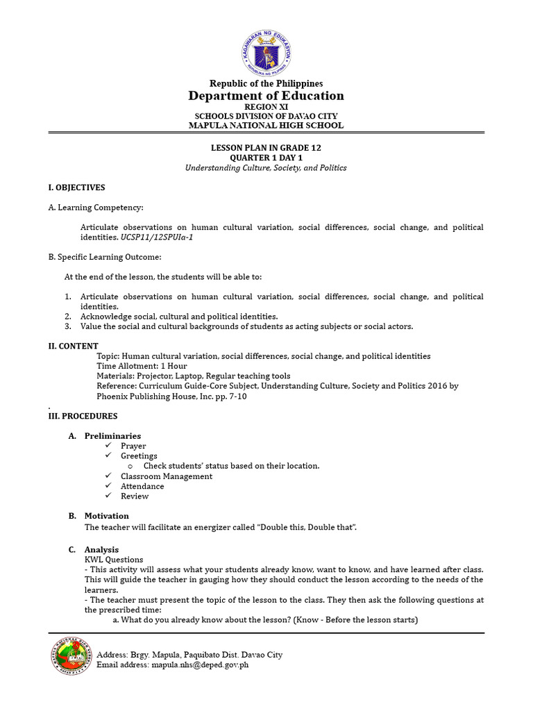 Understanding Culture, Society and Politics - Daily Lesson Plan | PDF ...