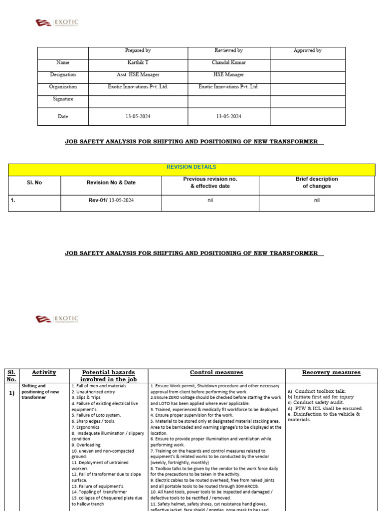 Shifting and Positioning of New Transformer | PDF | Occupational Safety ...