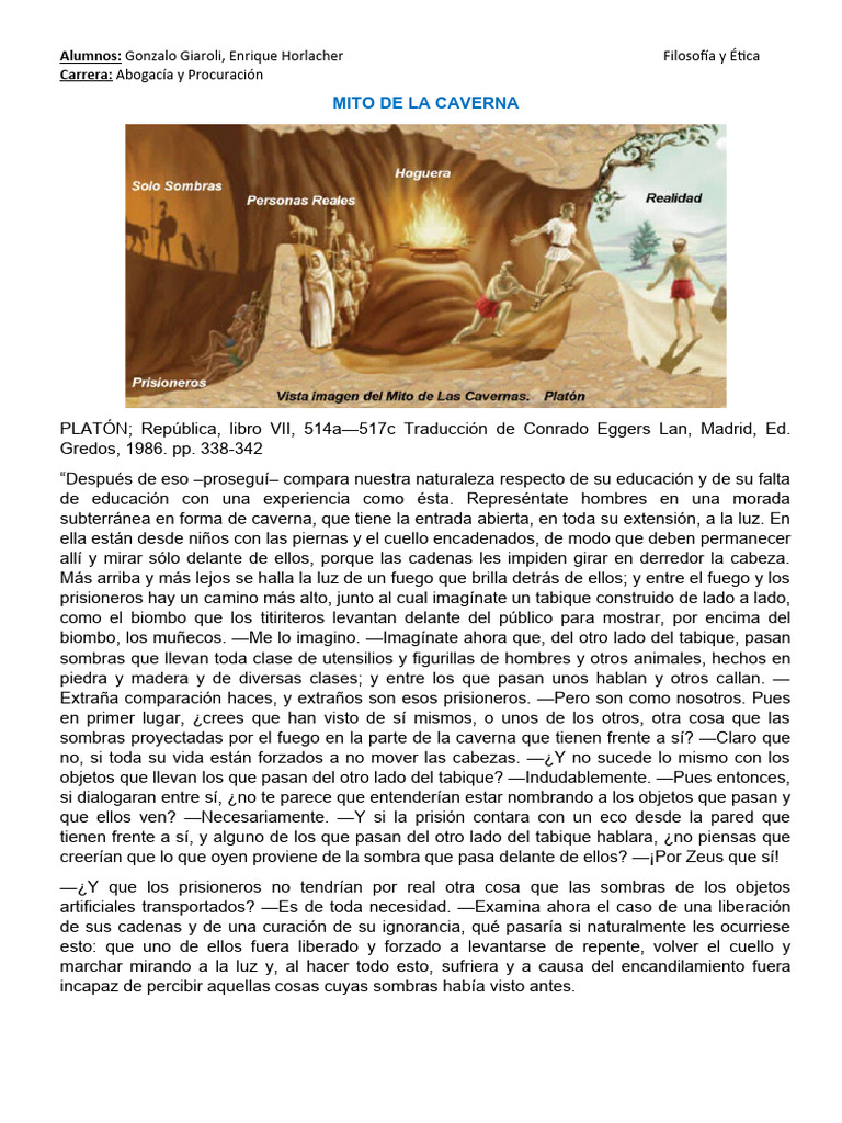 LECTURA EL MITO DE LA CAVERNA DE PLATÓN Gonzalo Giaroli Henrique Horlacher Alan | PDF ...