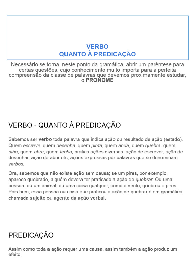 Verbo Quanto Ã - Predicaã - Ã - o | PDF | Objeto (gramática) | Assunto ...