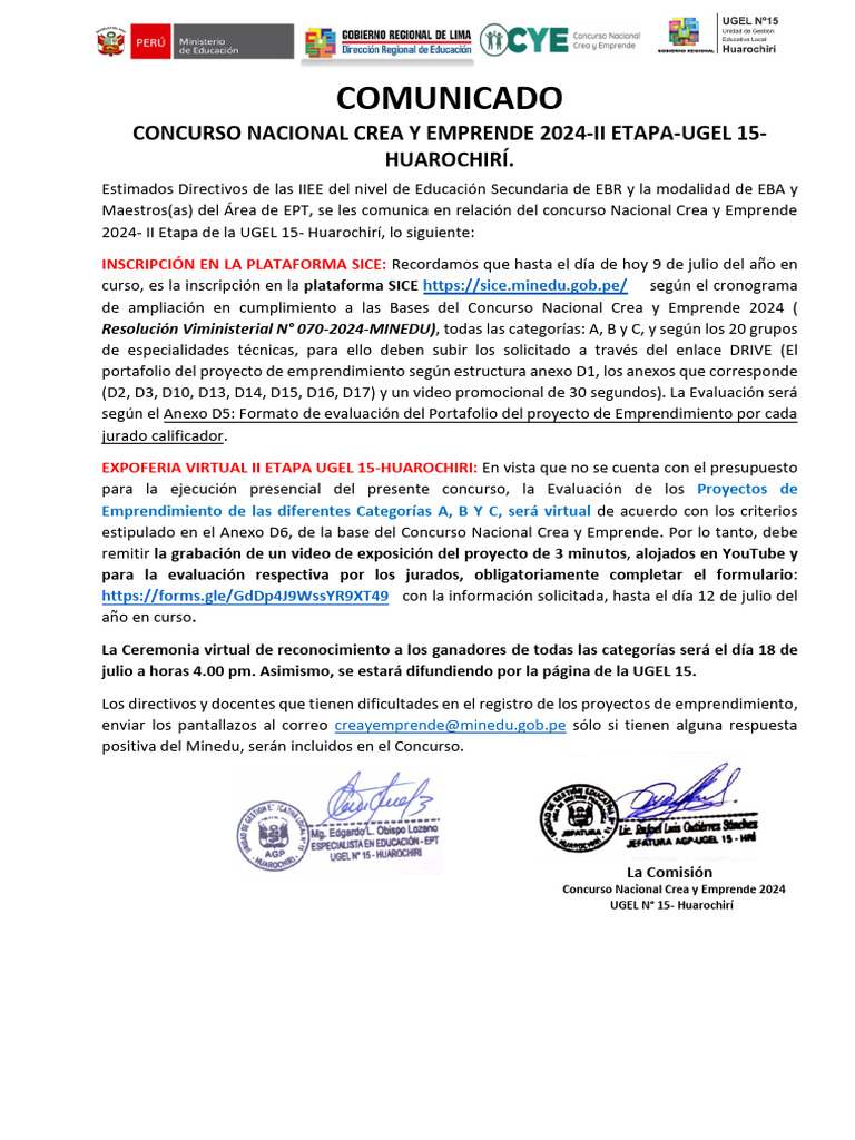 Comunicado II Etapa Ugel 15-h. Concurso Nacional Crea y Emprende 2024. Urgente Su Atención | PDF ...