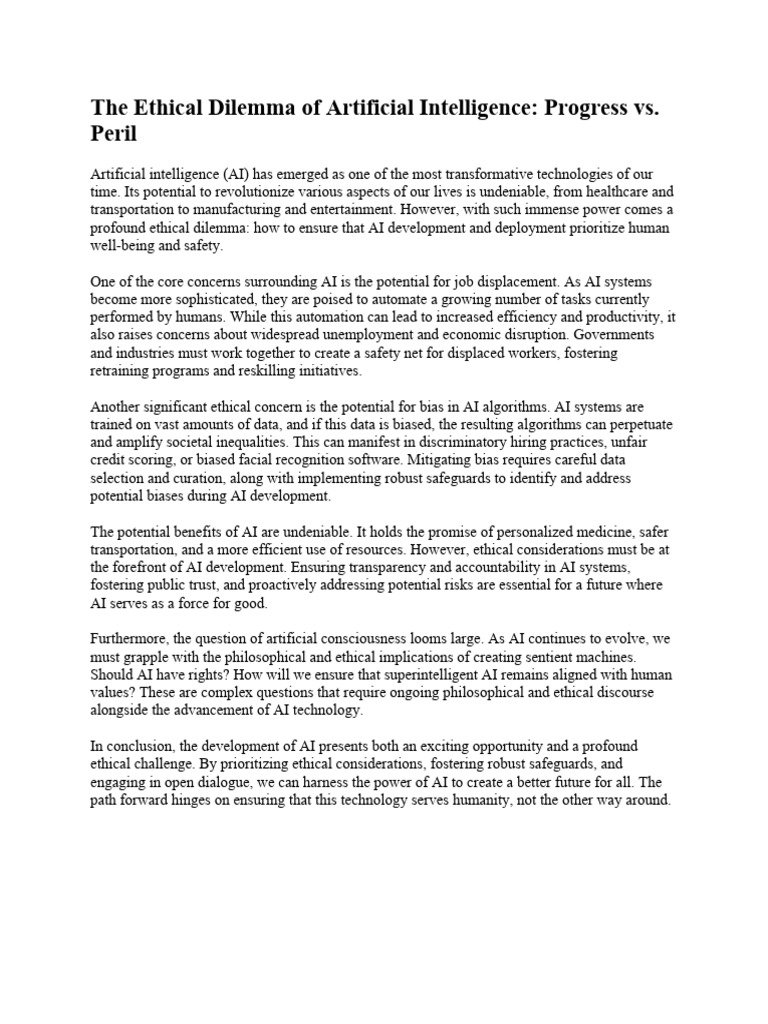 The Ethical Dilemma of Artificial Intelligence Progress vs. Peril | PDF ...