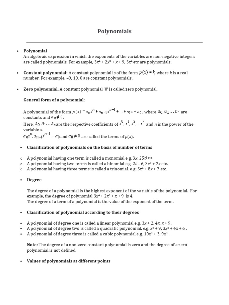 Polynomials Notes | PDF | Polynomial | Factorization