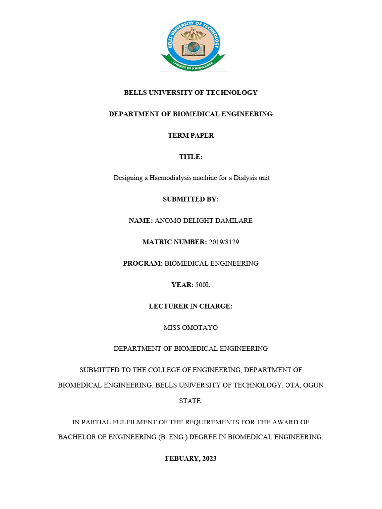 BME 511 Term Paper | PDF | Hemodialysis | Kidney