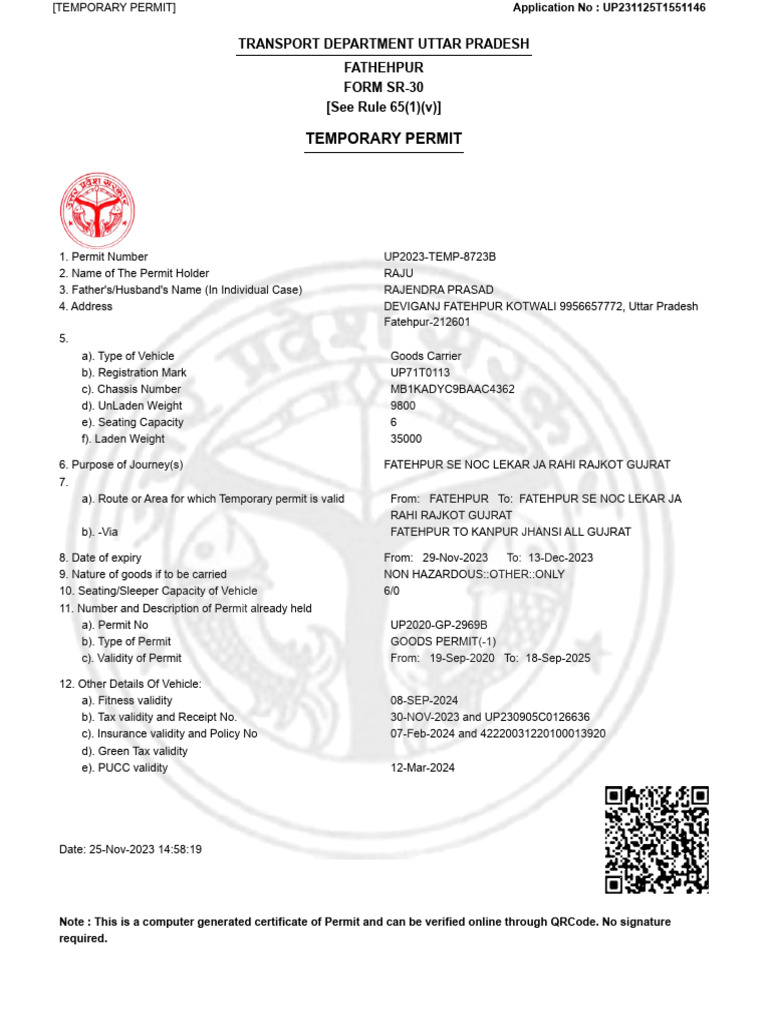 Temporary Permit: Transport Department Uttar Pradesh Fathehpur Form Sr-30 (See Rule 65 (1) (V ...
