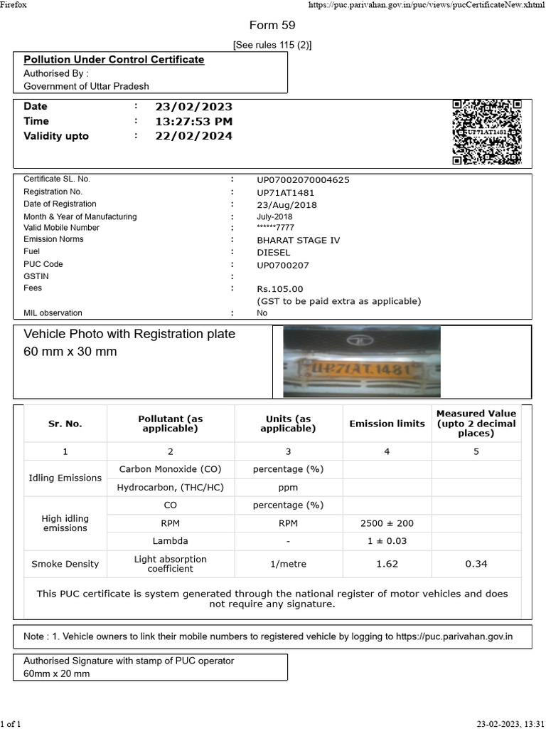 Pollution Under Control Certificate: Form 59 | PDF | Exhaust Gas | Air Pollution
