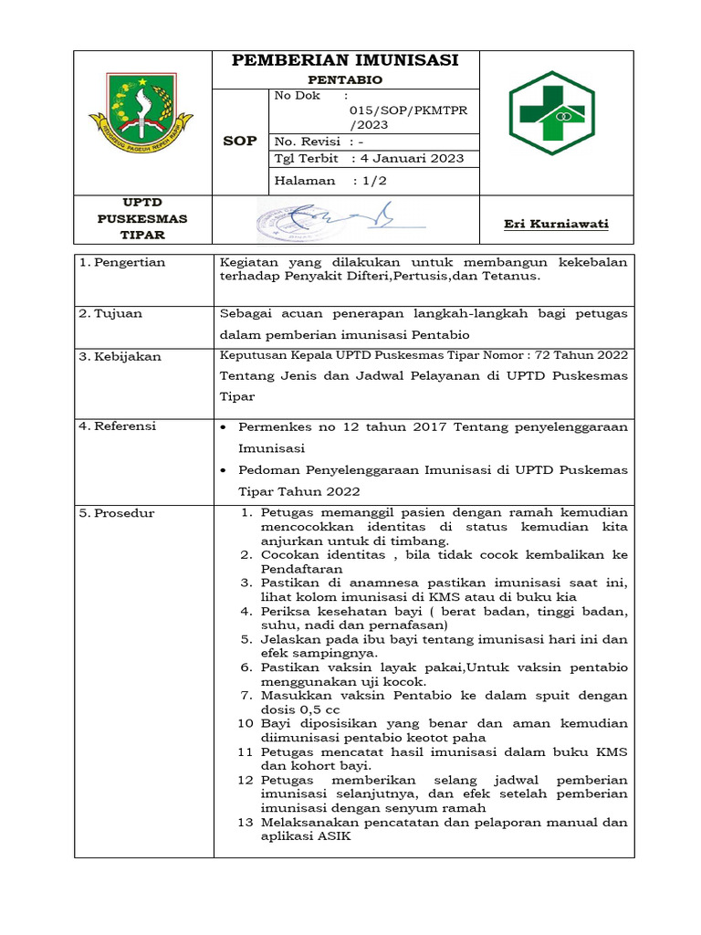 Prosedur Imunisasi Vaksin Pentabio | PDF