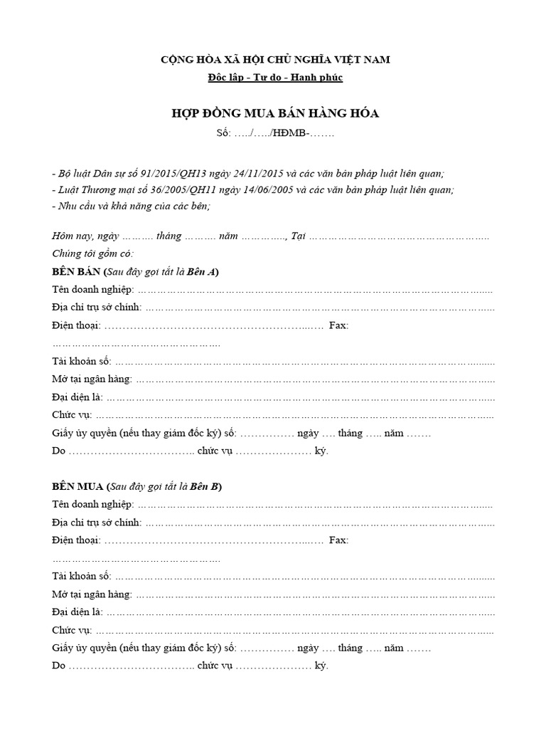 Mau Hop Dong Mua Ban Hang Hoa | PDF