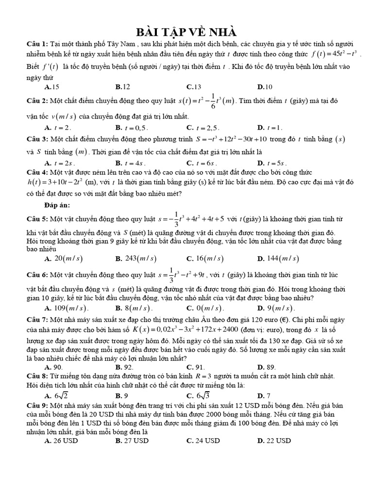 Btvn Ứng Dụng Đạo Hàm Tìm Min Max Bài Toán Liên Quan Đến Thực Tiễn Pdf