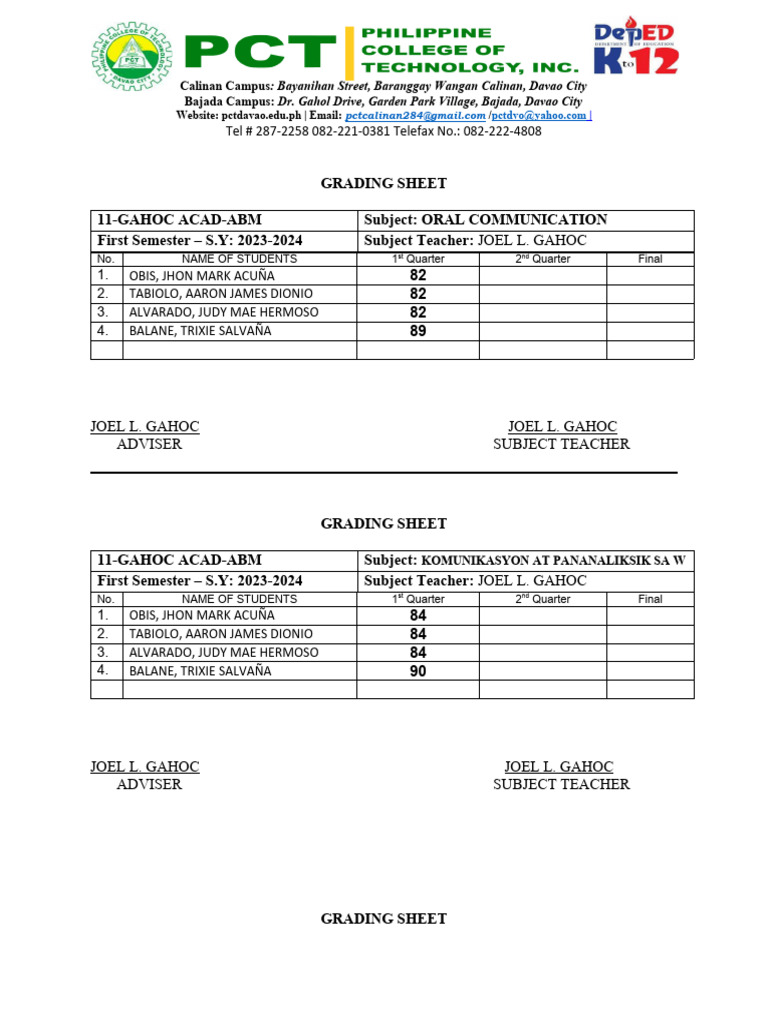 Grading Sheets for 11-GAHOC Students | PDF