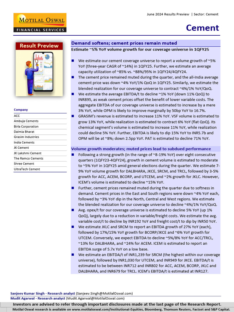 Motilal Oswal Results Preview On Cement Demand Softens Cement Prices ... Motilal Oswal Results Preview On Cement Demand Softens Cement Prices ...