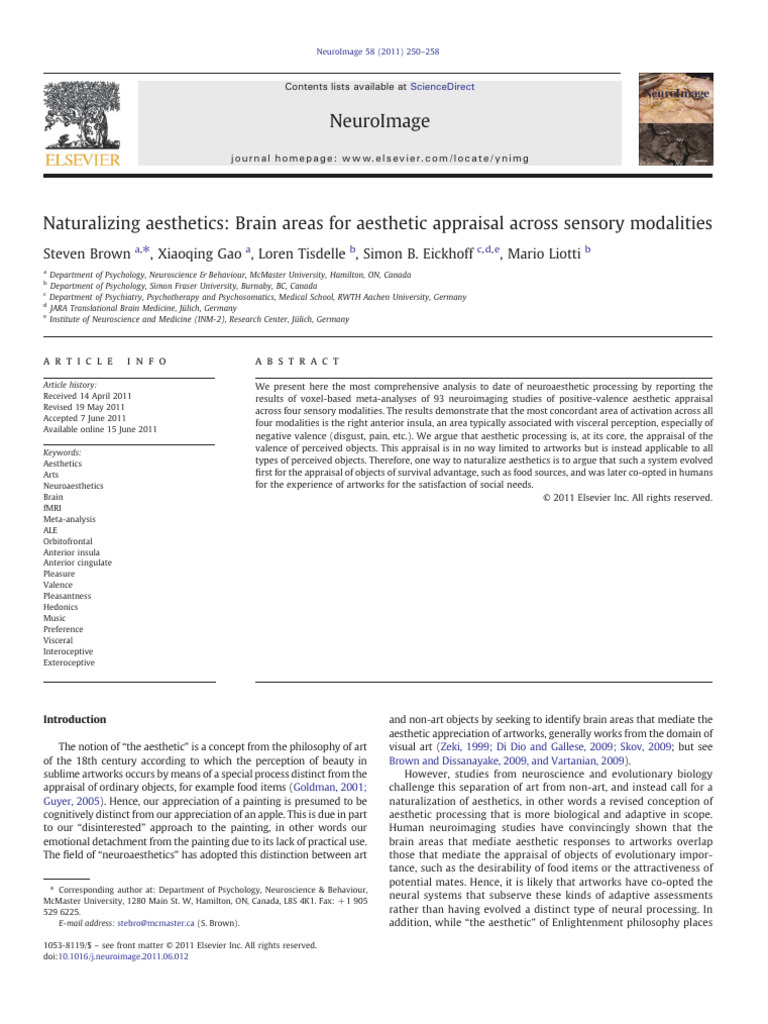 Naturalizing Aesthetics Brain Areas For Aesthetic Appraisal Across Sensory Modalities | PDF ...