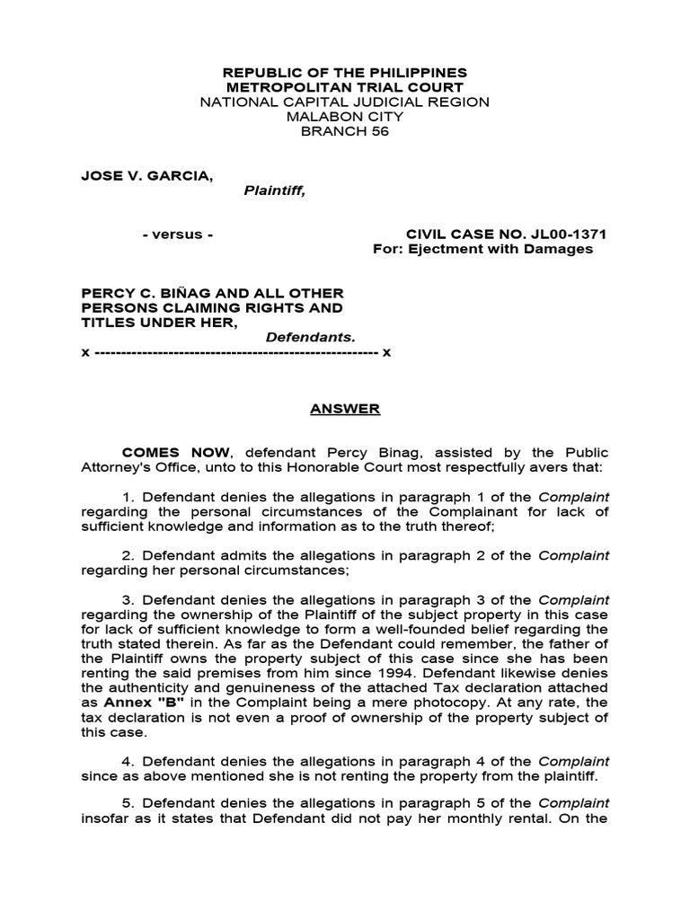 Answer Percy Binag Ejectment | PDF | Lease | Complaint