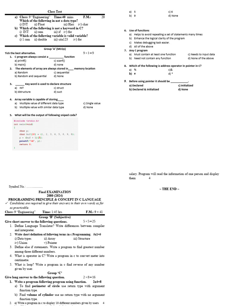 Class Test C Programming | PDF | Pointer (Computer Programming ...
