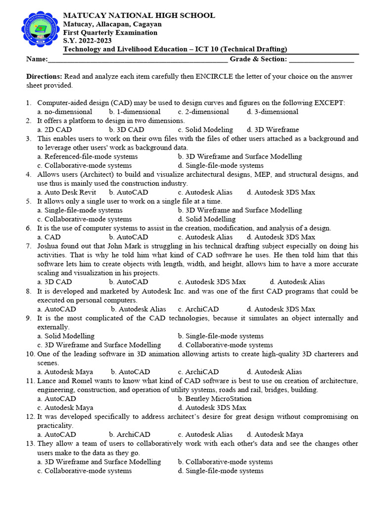 ICT 10 Technical Drafting Exam Guide | PDF | Autodesk | 3 D Computer ...