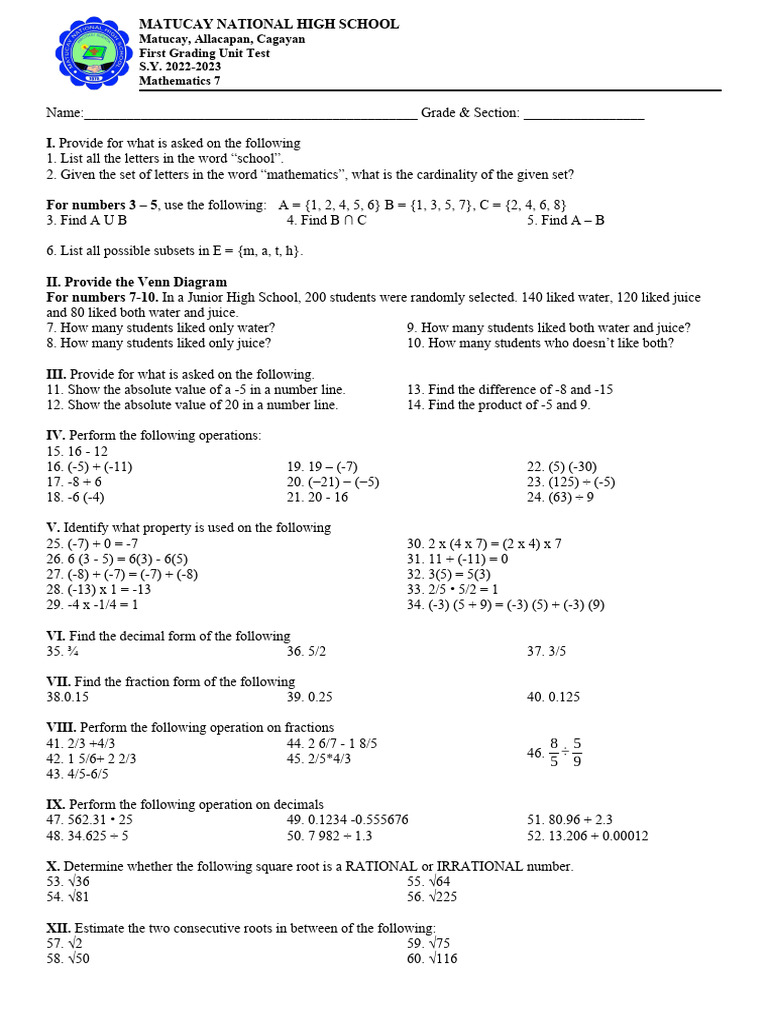 Mnhs Math 7 Unit Test Quarter 1 | PDF | Odds | Numbers