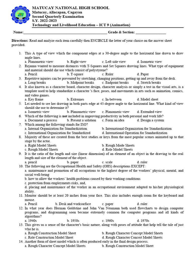 Mnhs Tle Ict 9 Quarter 2 Exam | PDF | Drawing
