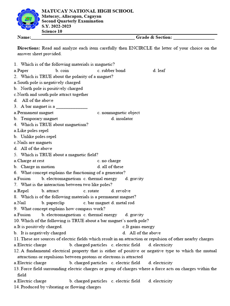 Mnhs Science 10 Quarter 2 Exam | PDF | Magnetic Field | Electricity