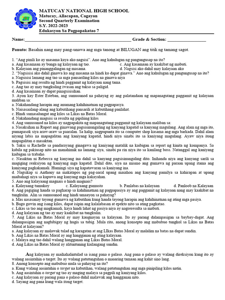 Mnhs Esp 7 Quarter 2 Exam | PDF