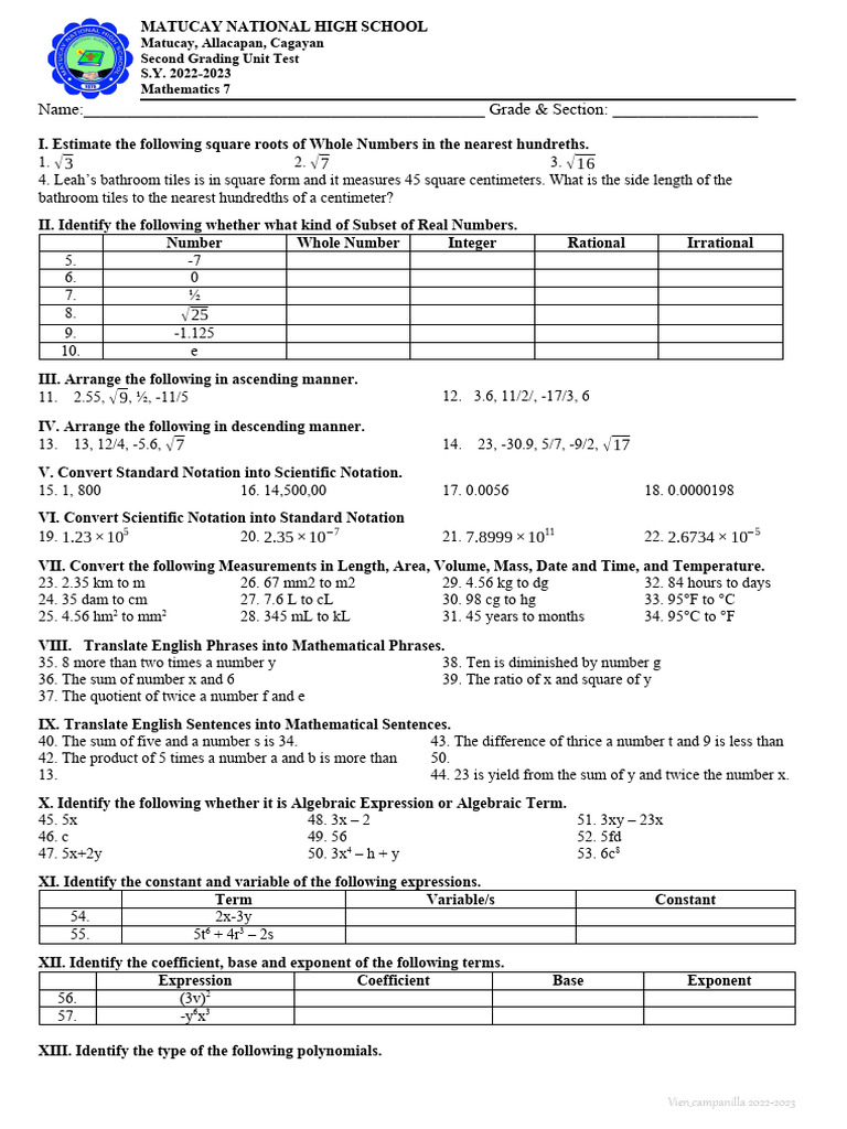 Math 7 Unit Test Quarter 2 | PDF | Numbers | Integer
