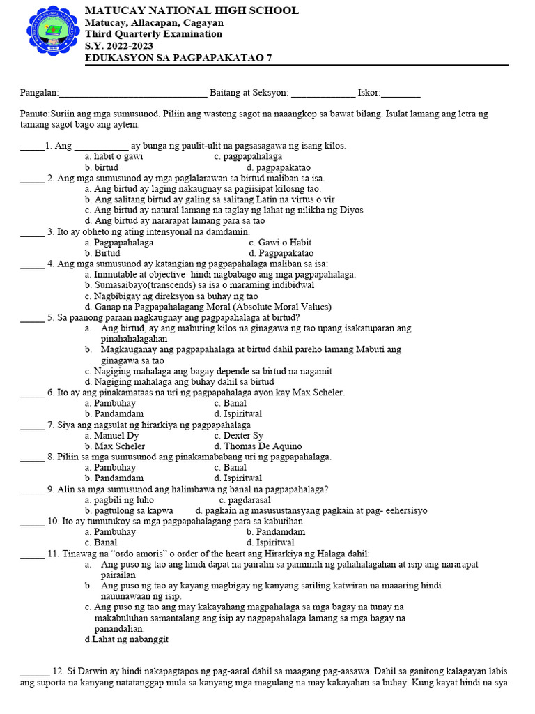 Mnhs Esp 7 Quarter 3 Exam | PDF