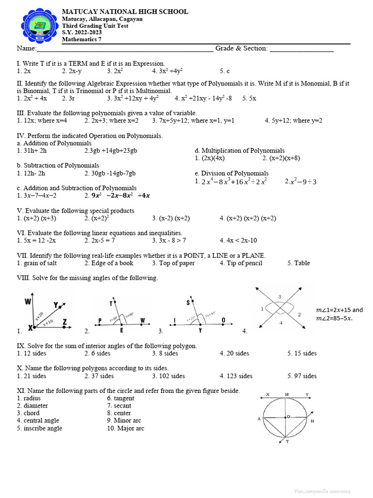 Math 7 Unit Test Quarter 3 | PDF | Polynomial | Applied Mathematics