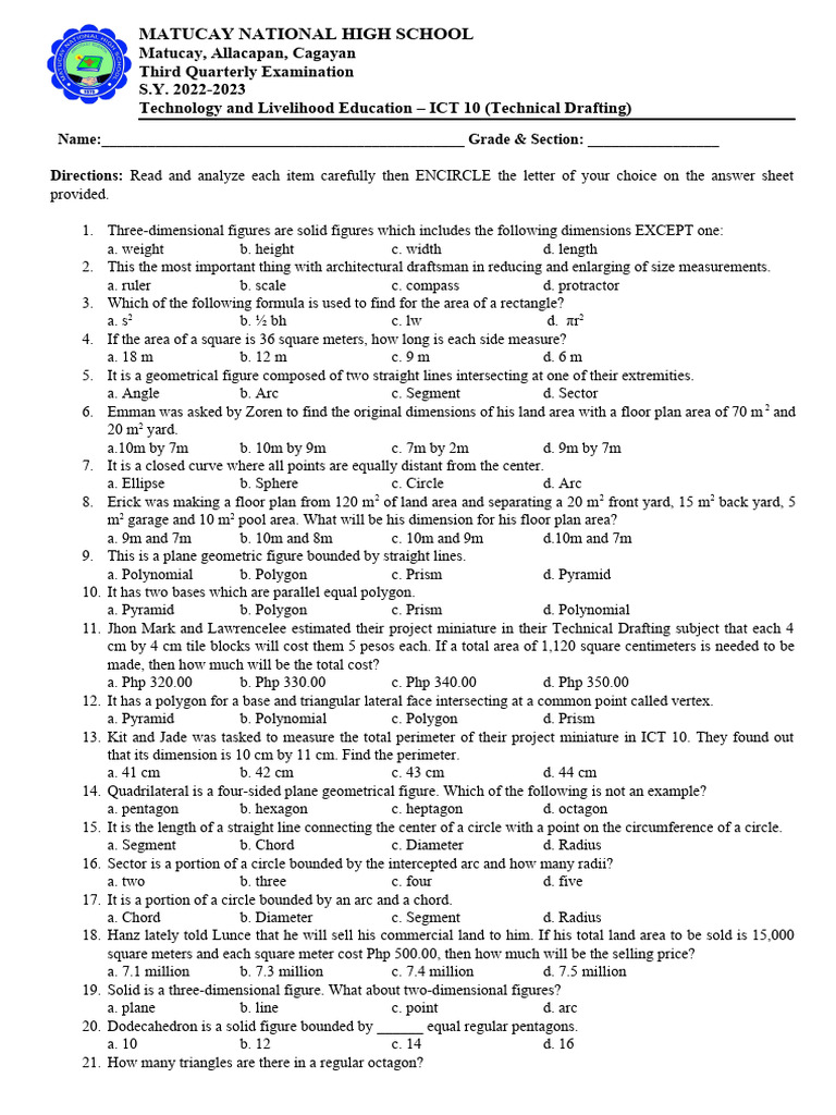 Mnhs Tle Ict 10 Quarter 3 Exam | PDF | Area | Circle