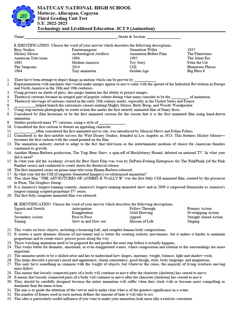 Mnhs Tle Ict 9 Unit Test Set A Quarter 3 | PDF | Animation