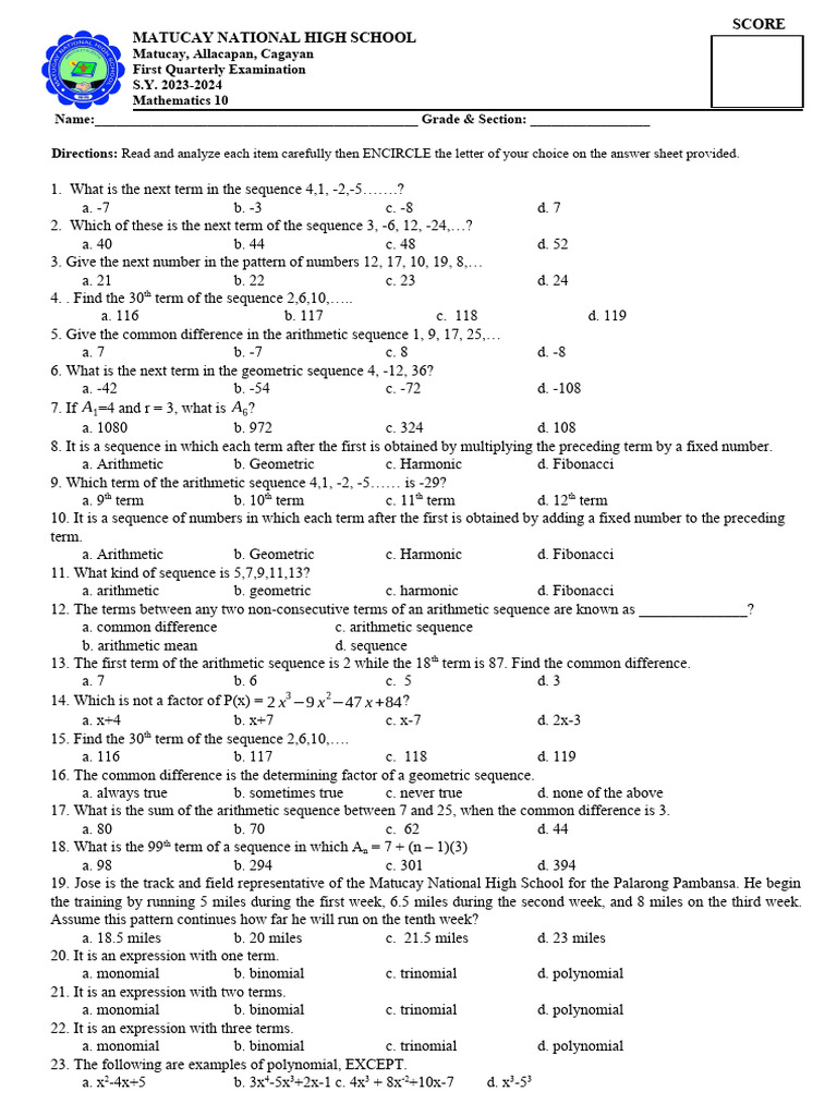 Mnhs Mathematics 10 Quarter 1 Exam | PDF | Factorization | Polynomial