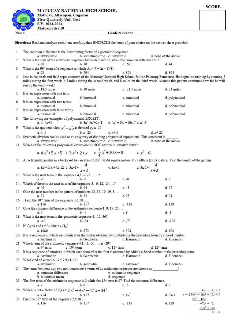 Mnhs Mathematics 10 Unit Test Quarter 1 | PDF | Factorization | Polynomial