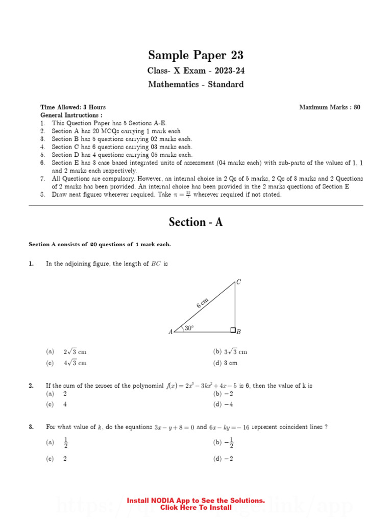 MA Sample Paper 23 Unsolved | PDF | Area | Circle