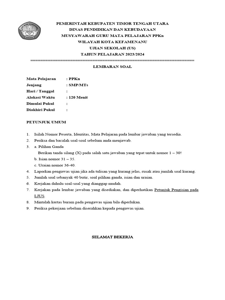 SOAL UTAMA US PPKN 2024 | PDF