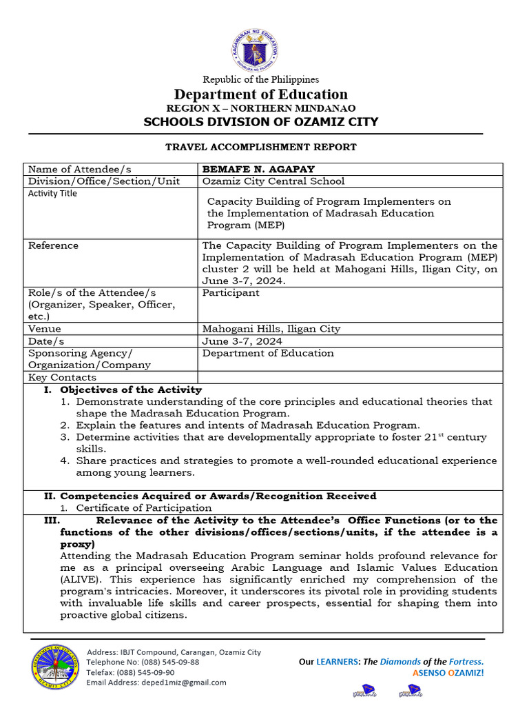 Travel Accomplishment Report MATATAG | PDF | Human Communication | Learning