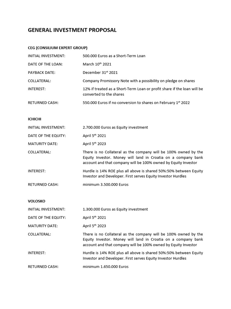 General Investment proposal-CEG, ICHICHI, Volosko | PDF | Stocks | Banks