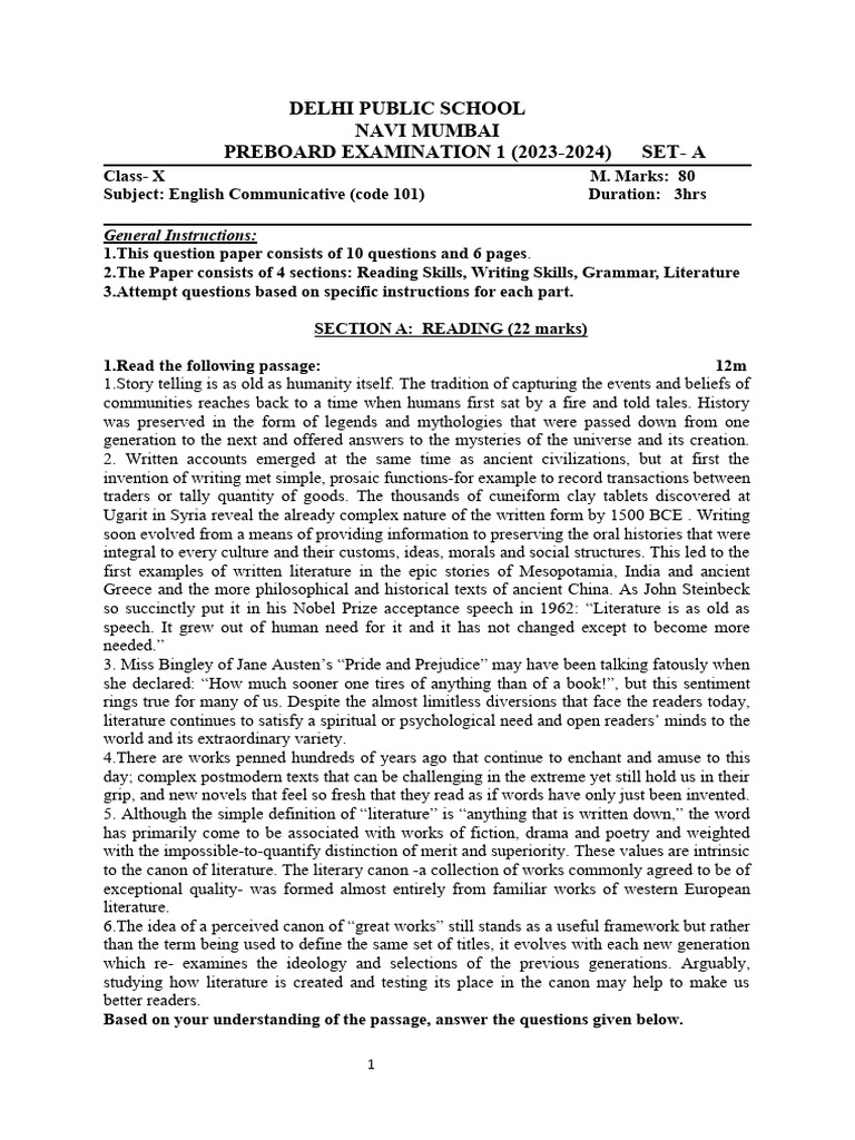 English Preboard Exam Paper 2023 | PDF