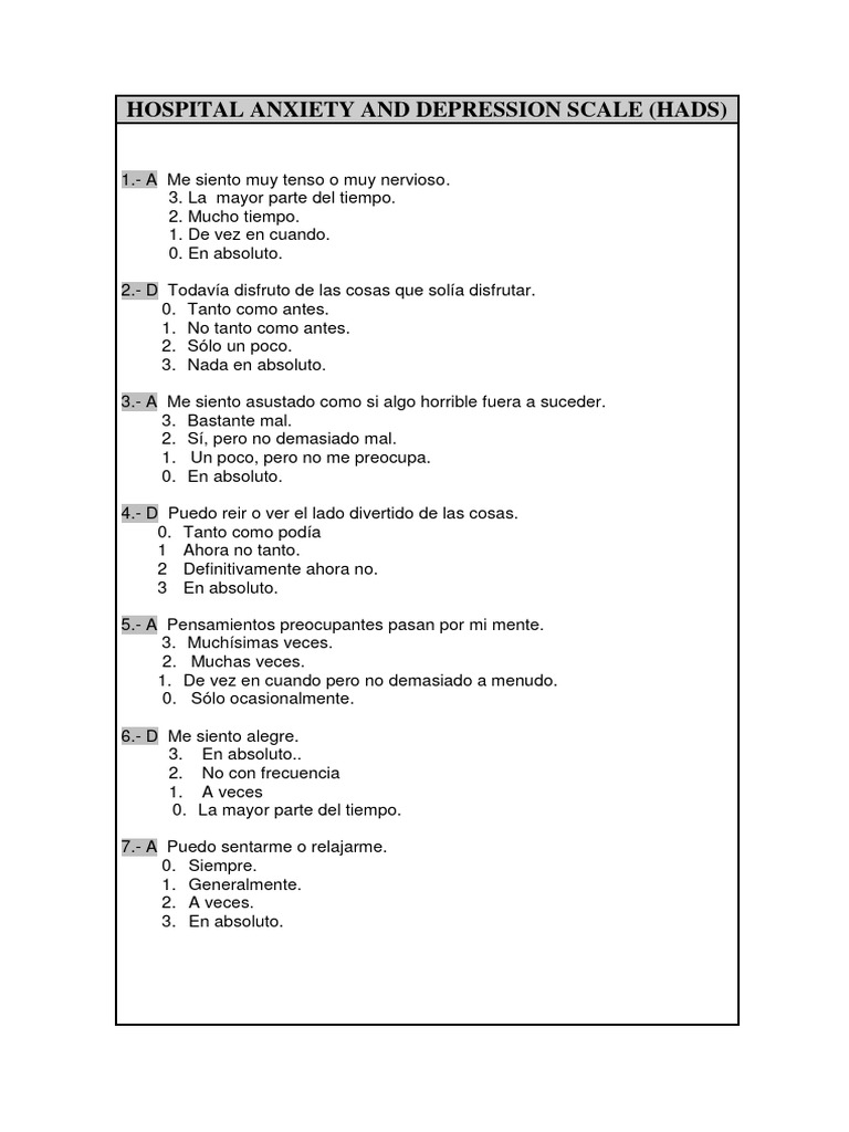 HADS - Escala Hospitalaria Ansietat I Depressió | PDF