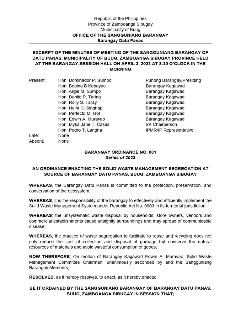 A4. Barangay-Ordinance-On-Segregation-At-Source-2023 | PDF | Municipal ...