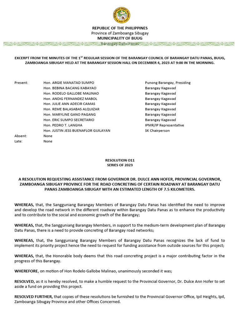 Resolution No. 11 s2023 (Road Concreting) | PDF | Philippines