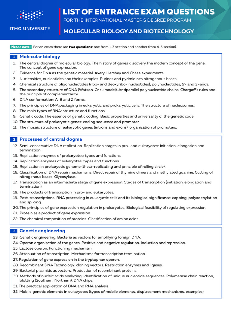EXAM QUESTIONS Molecular Biology and Biotechnology | PDF | Dna | Gene