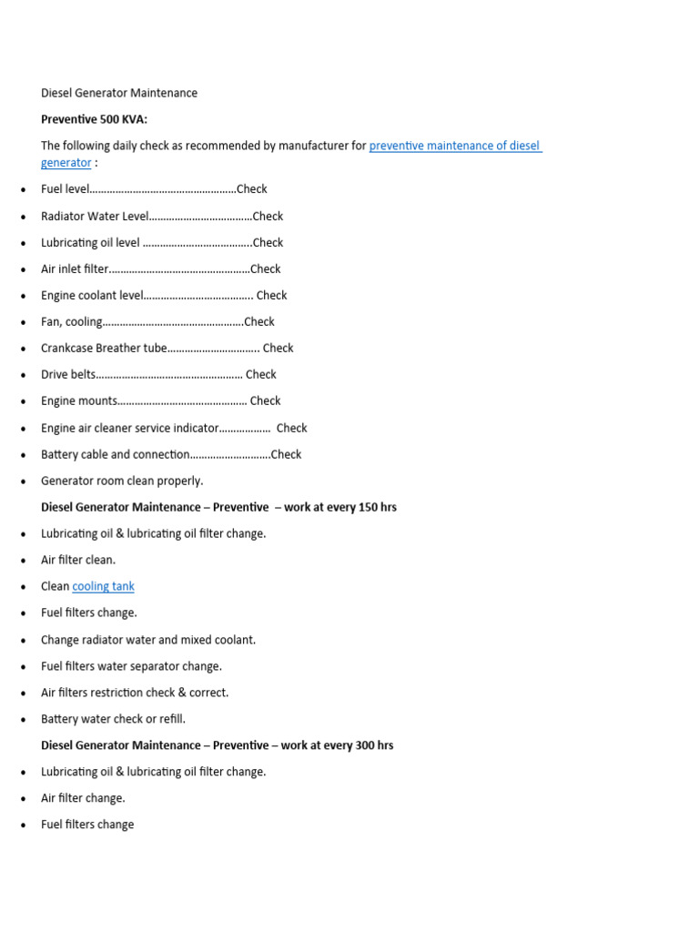 Diesel Generator Standard Checklist & Maintenance | PDF | Oil | Diesel Fuel