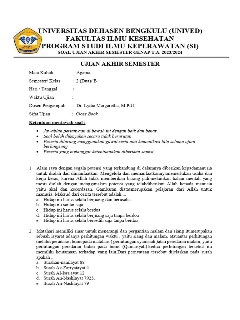 Soal UAS Ilmu Keperawatan S1 (IIB) Genap 2023-2024 | PDF | Agama & Spiritualitas