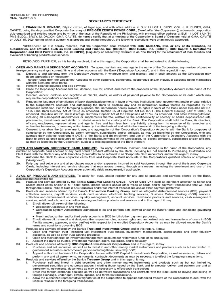 EDITED Exhibit 1 Unitary Sec. Cert. - Domestic Corporation | PDF ...