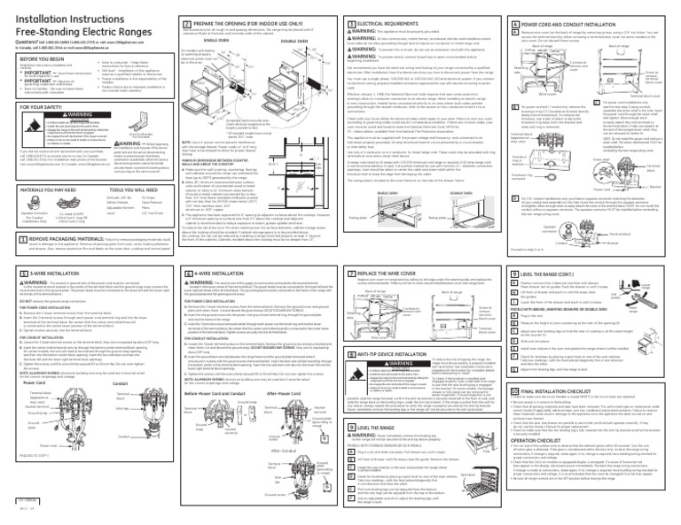 Installation Instructions Free-Standing Electric Ranges: Warning | PDF ...