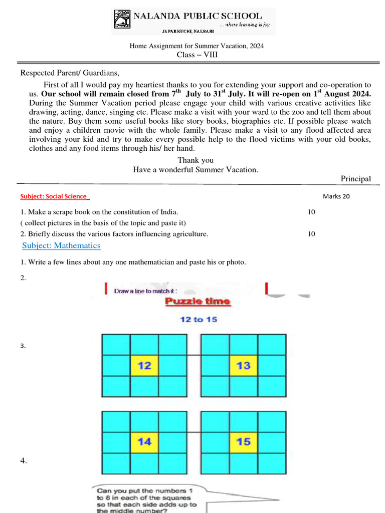 Class VIII HOME ASSIGNMENT 2024 | PDF | Art | General Fiction