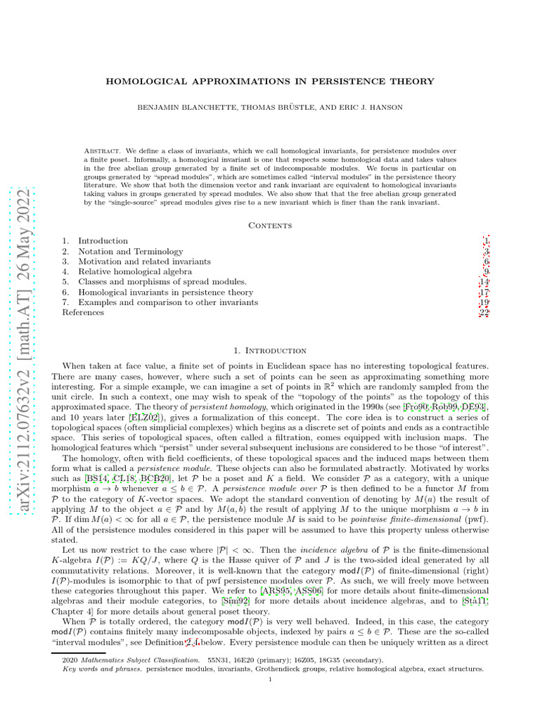 Blanchette, Brüstle, Hanson - Homological Approximations in Persistence Theory | PDF | Module ...