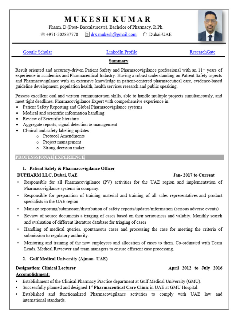 Mukesh Kumar CV-07-July-2023 For PHD | PDF | Pharmacovigilance | Pharmacy